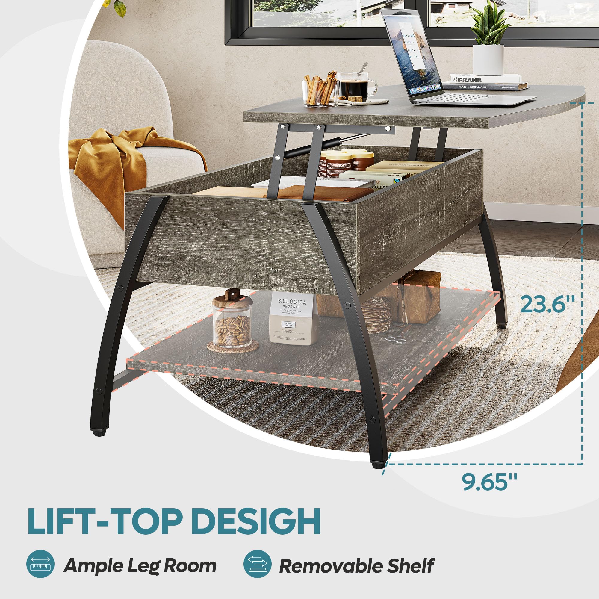 Bestier Lift Top Coffee Table with Storage, 42" Industrial Mesh Shelve Space-Saver Table, Wooden Rising Tabletop Oval Center Table for Living Room