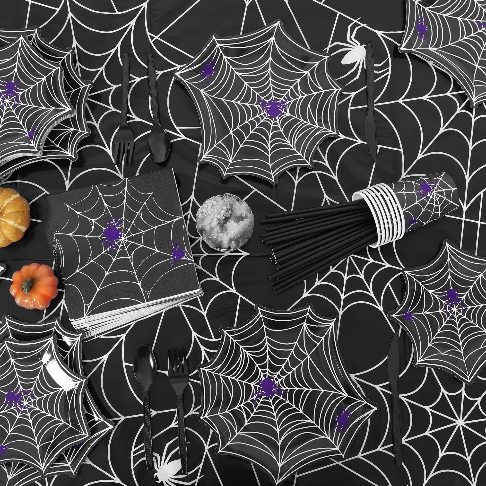 durony 201 Pieces Halloween Spider Web Party Supplies Tableware Set Including Halloween Spiderweb Disposable Paper Plates Cups Napkins Knives Forks Spoons Straws Tablecloth Serves for 25