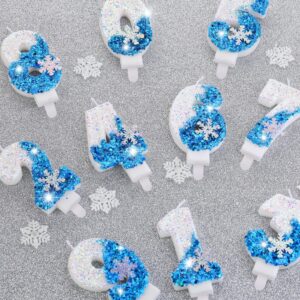 Herdear 2.8" Frozen Birthday Candles Snowflake Number Candles with 10 Pcs Long Thin Candles Blue Number 0-9 for Cake Topper Birthday Frozen Birthday Supplies(Number 4)