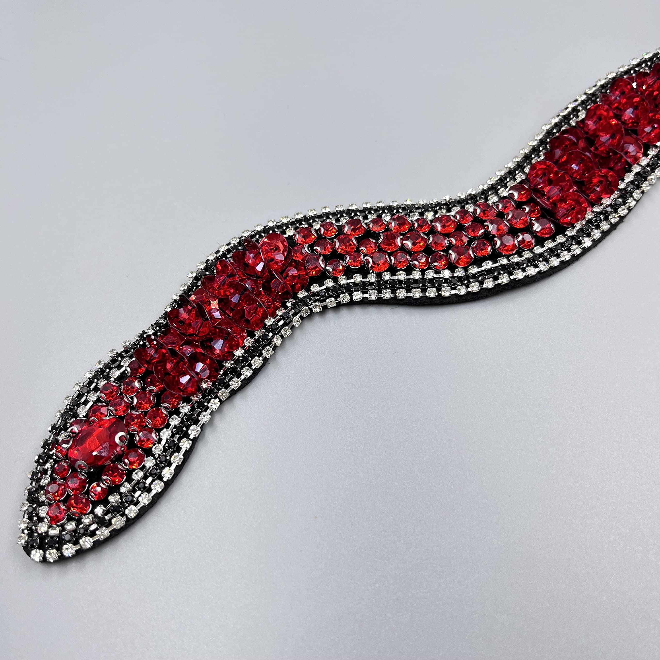 18" Large Sparkle Rhinestones and Sequin Red Snake Shaped Patches Applique Trim Ribbon for Outfit Pack of 3