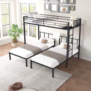 biadnbz metal triple twin size bunk bed,can be separated into 3 bedframe for kids/bedroom/dorm,black