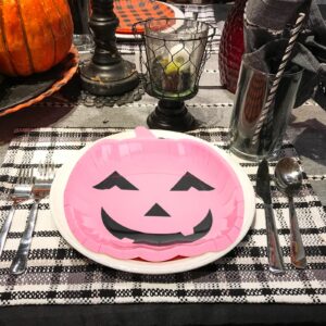 Whaline 40Pcs Halloween Paper Plates Pink Pumpkin Shaped Disposable Plates Cute Grimace Pumpkin Pattern Decorative Plates for Halloween Holiday Birthday Party Baby Shower Dinner Tableware Supplies