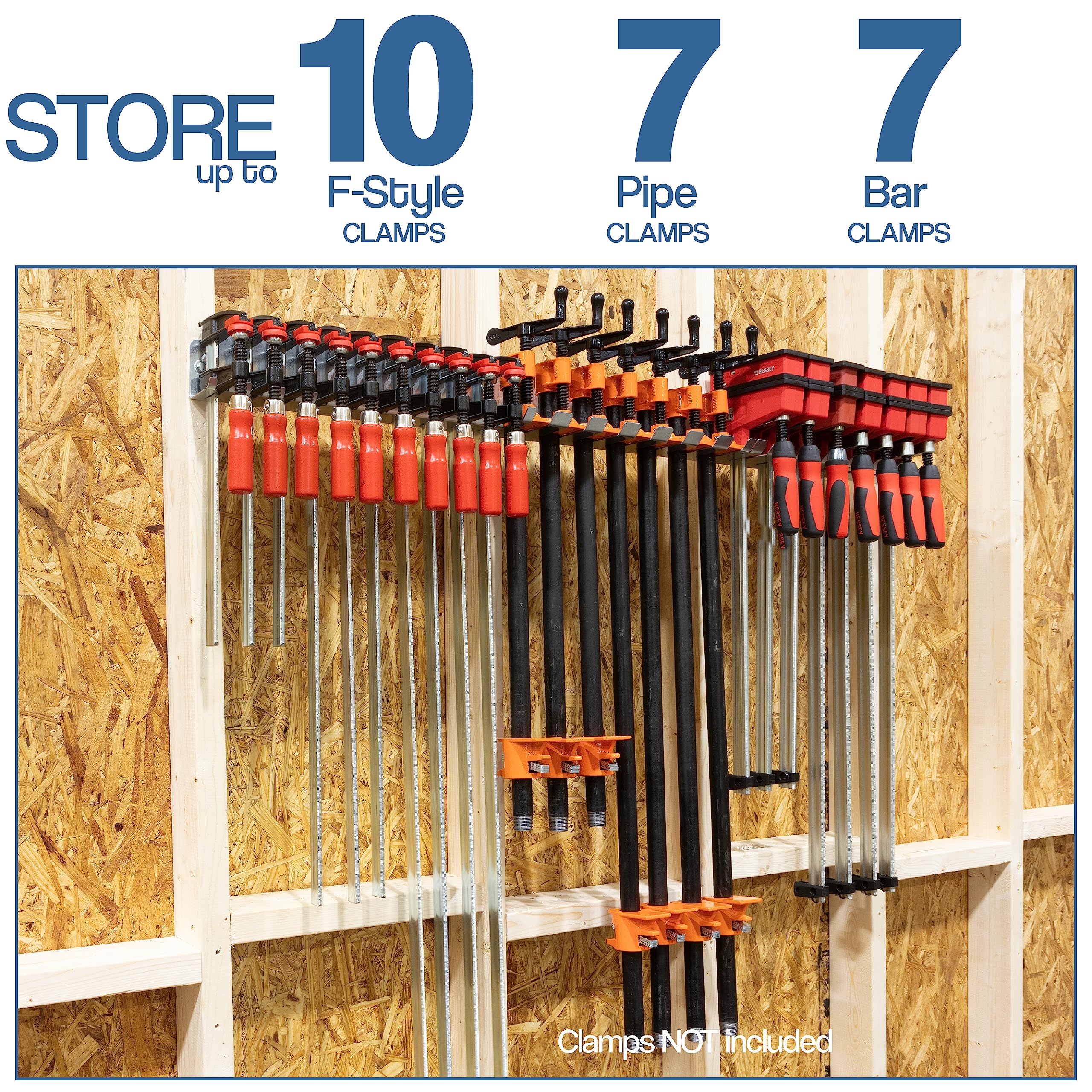 Fulton Woodworking Tools Modular Clamp Rack Assortment with 1 Each F-Clamp Rack •1 Each Bar/Parallel Clamp Rack and 1 Each Pipe Clamp Rack Included, Quick to Align •Pre-Drilled 16 inch on Center