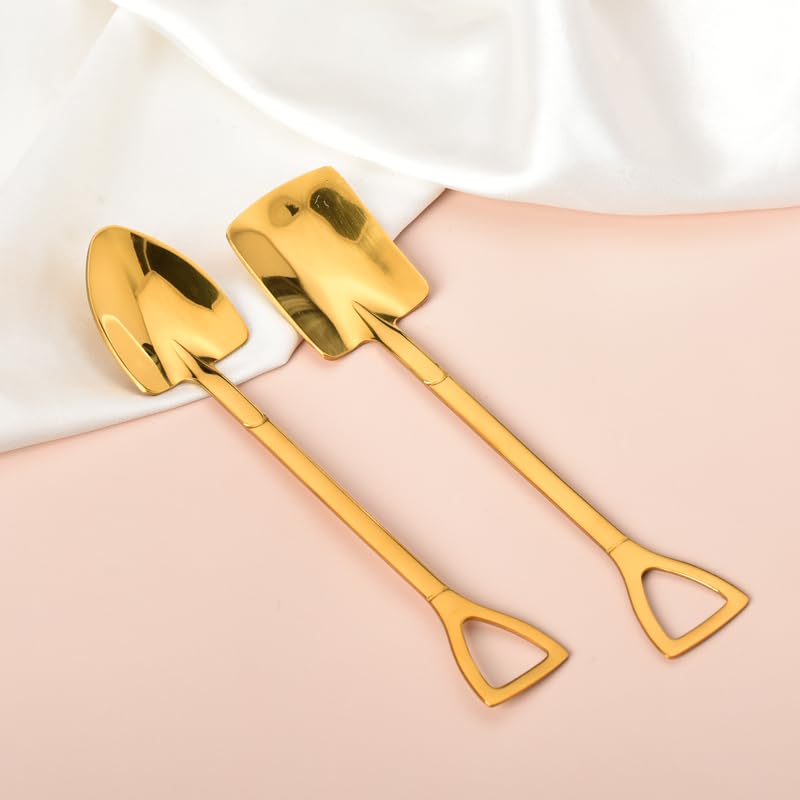 Golden Shovel Spoons for Desserts Coffee Tea Shovel Spoon Set Grapefruit Spoons Set of 2 Flat Watertermelon Ice Cream Spoons Gifts for Ice Cream Lovers House Warming Gifts for New Home Couples