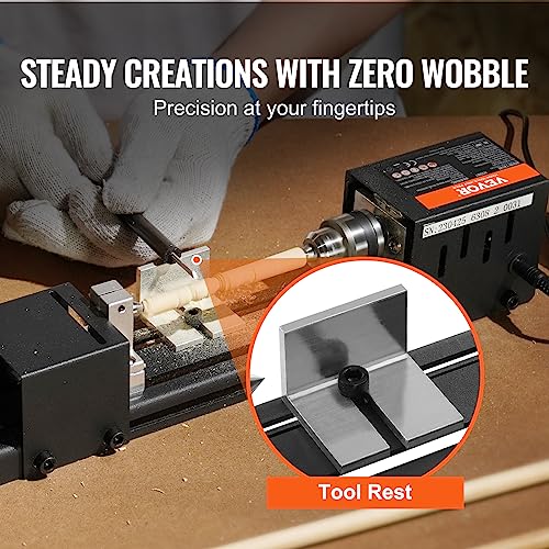 VEVOR Mini Lathe Machine, 2.76 in x 6.3 in, 24VDC 96W Mini Wood Lathe Tools Milling Machine Accessories, 7 Speeds 4220/5300/5650/6350/6660/7050/8450 RPM, for DIY Woodworking Wood Drill Rotary Tool