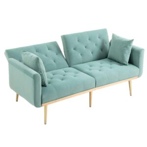 Accent Sofa, Tufted Loveseat Sofa, Convertible Sofa Bed with Two Pillow, Sleeper Sofa Couch with Metal Legs and Adjustable Backrest, Modern Recliner Sofa for Living Room, Bedroom, Offices, Mint Green