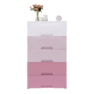 snkourin plastic drawers storage cart mobile cabinet with casters, 5 drawer stackable vertical storage cabinet drawers organizer for clothes/toys bedroom playroom, pink