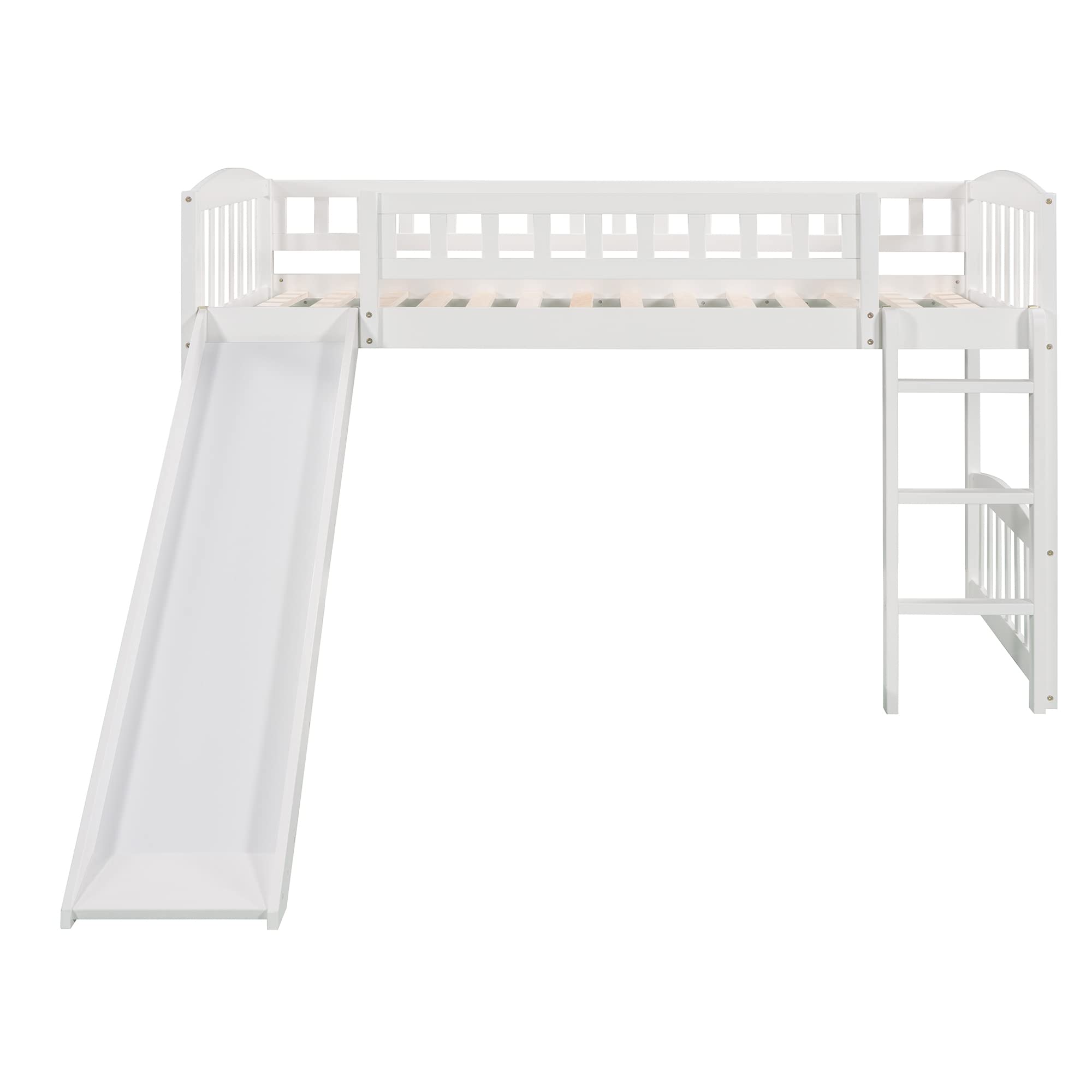 Harper & Bright Designs Twin Size Low Loft Bed with Slide and Ladder, Junior Loft Bed Wood Kids Loft Bed with Slide for Girls Boys,No Box Spring Needed,White