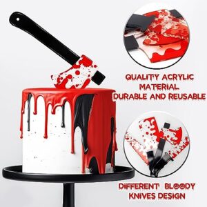 Huray Rayho Blood Splatter Knife Cake Toppers Horror Halloween Acrylic Cake Decorations for Spooky Killer Birthday Party Supplies Set of 4 Scary Crime Scene Decorations