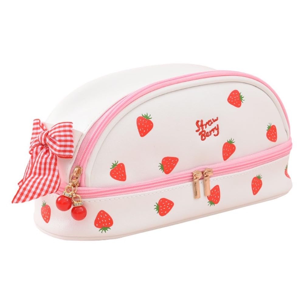 JHTPSLR Large Kawaii Pencil Pouch Cute Preppy Pencil Pouch Bowknot Strawberry Bear Love Hearts Aesthetic Pencil Case PU Waterproof Pen Bags Stationery Storage Organizer Supplies (White Strawberry)