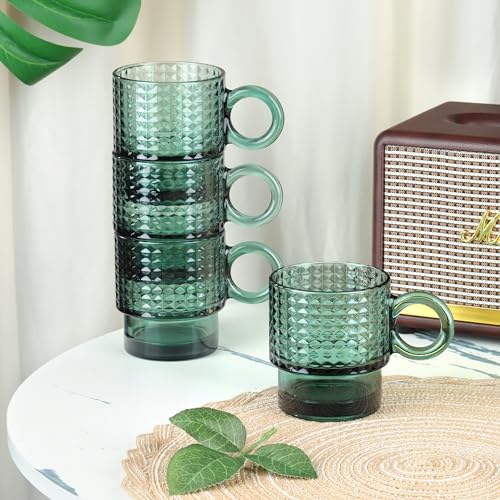 Joeyan Green Glass Coffee Mugs with Handle,Stackable Glass Coffee Cups with Diamond Design,Embossed Drinking Glasses for Espresso Cappuccino Latte Tea Milk,10 oz,Set of 4,Dishwasher Safe