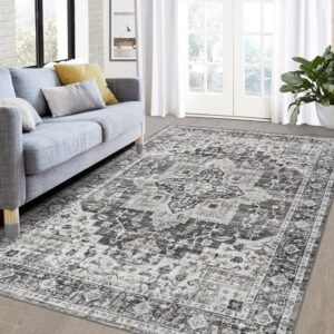 royhome 8x10 area rug machine washable rug traditional distressed rug indoor floor cover vintage medallion carpet rug stain resistant non-slip accent rug for living room bedroom, grey/beige