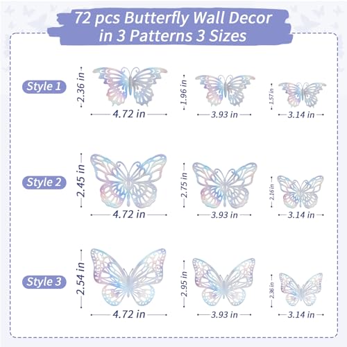 72 PCS Laser Butterfly Decorations, 3D Butterfly Decoration with 3 Styles 3 Sizes, Removable Butterfly Wall Decor Stickers (Laser)