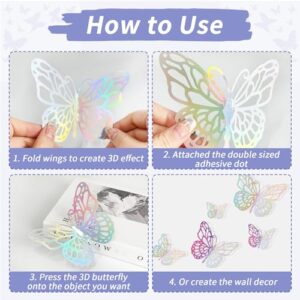 72 PCS Laser Butterfly Decorations, 3D Butterfly Decoration with 3 Styles 3 Sizes, Removable Butterfly Wall Decor Stickers (Laser)