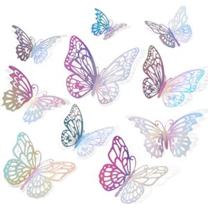 72 pcs laser butterfly decorations, 3d butterfly decoration with 3 styles 3 sizes, removable butterfly wall decor stickers (laser)