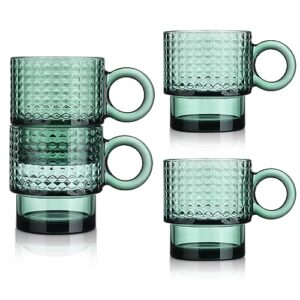 joeyan green glass coffee mugs with handle,stackable glass coffee cups with diamond design,embossed drinking glasses for espresso cappuccino latte tea milk,10 oz,set of 4,dishwasher safe