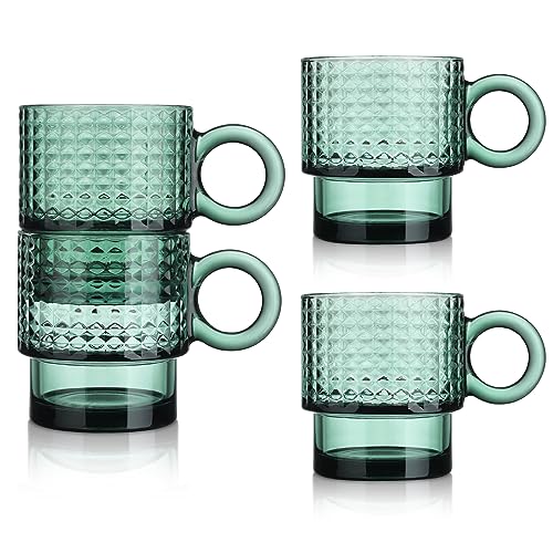 Joeyan Green Glass Coffee Mugs with Handle,Stackable Glass Coffee Cups with Diamond Design,Embossed Drinking Glasses for Espresso Cappuccino Latte Tea Milk,10 oz,Set of 4,Dishwasher Safe