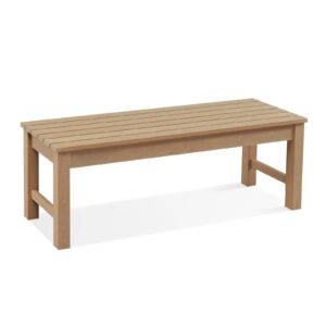 efurden outdoor bench, 2-person outdoor dining bench, backless poly lumber garden bench, all weather bench suitable for patio and garden, teak color