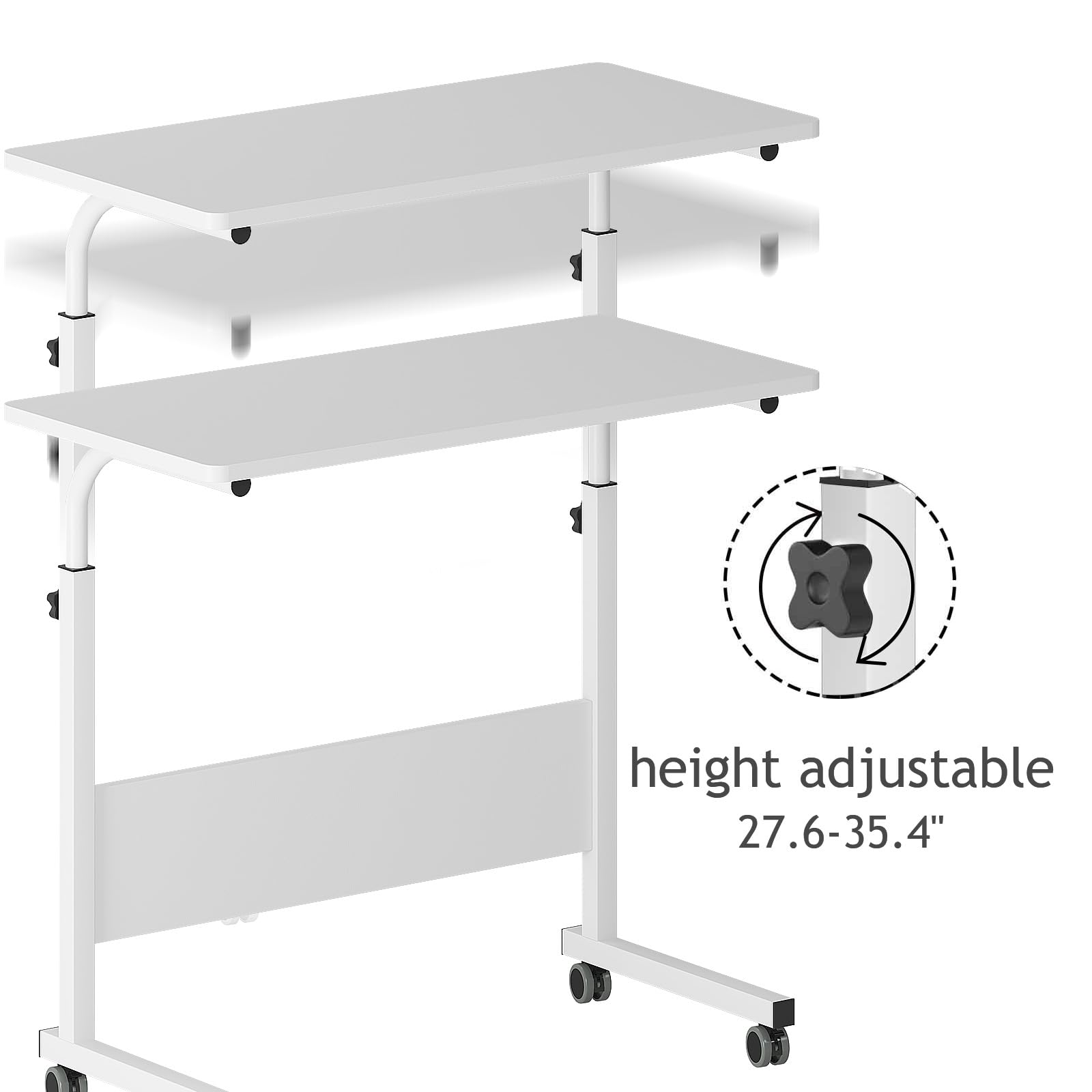 DlandHome Rolling Desk Adjustable Standing Desk, Mobile Side Table 31.4 Inches w/Wheels Adjustable C Table Movable Portable Laptop Computer Stand for Bed Sofa,White