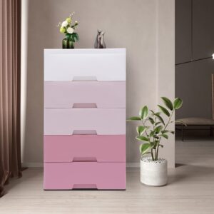 SNKOURIN Plastic Drawers Storage Cart Mobile Cabinet with Casters, 5 Drawer Stackable Vertical Storage Cabinet Drawers Organizer for Clothes/Toys Bedroom Playroom, Pink