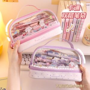 JHTPSLR Large Kawaii Pencil Pouch with Strap Double Layer Pencil Pouch Clear Waterproof Cute Preppy Pencil Case Pen Bags Holder Storage and Organizer (Purple Friends)