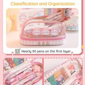 JHTPSLR Large Kawaii Pencil Pouch with Strap Double Layer Pencil Pouch Clear Waterproof Cute Preppy Pencil Case Pen Bags Holder Storage and Organizer (Purple Friends)