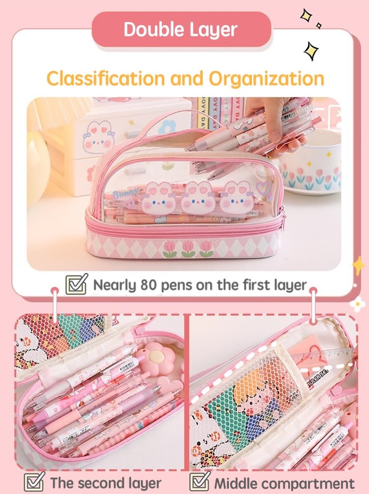 JHTPSLR Large Kawaii Pencil Pouch with Strap Double Layer Pencil Pouch Clear Waterproof Cute Preppy Pencil Case Pen Bags Holder Storage and Organizer (Purple Friends)