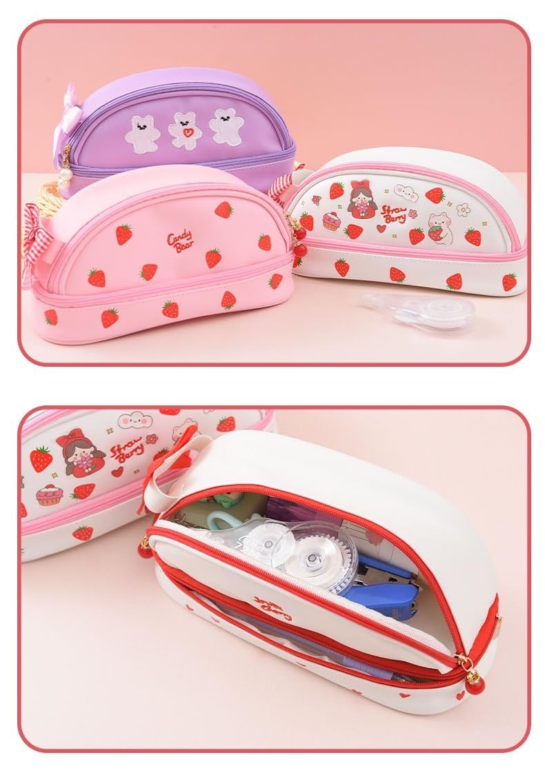 JHTPSLR Large Kawaii Pencil Pouch Cute Preppy Pencil Pouch Bowknot Strawberry Bear Love Hearts Aesthetic Pencil Case PU Waterproof Pen Bags Stationery Storage Organizer Supplies (White Strawberry)