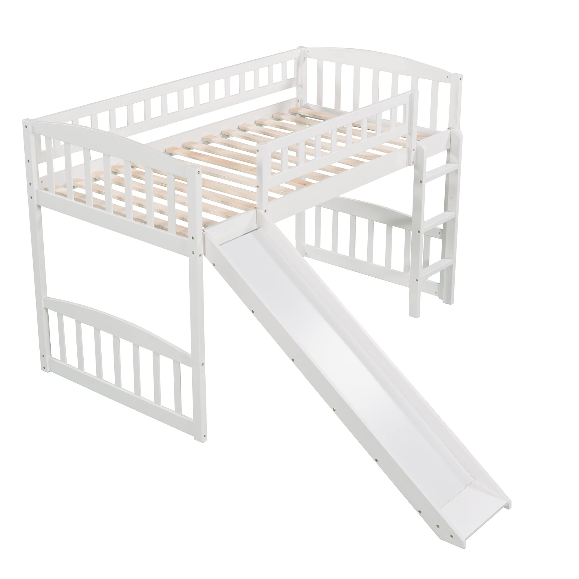 Harper & Bright Designs Twin Size Low Loft Bed with Slide and Ladder, Junior Loft Bed Wood Kids Loft Bed with Slide for Girls Boys,No Box Spring Needed,White