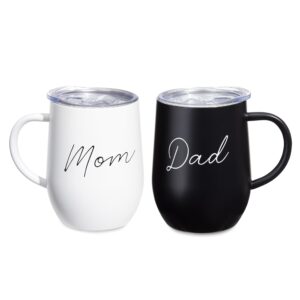 sheffield home stainless steel insulated coffee mug with travel lid & handle - 12 oz dishwasher safe mom & dad tea mug - adorable coffee cup gift set for new parents (black & white)