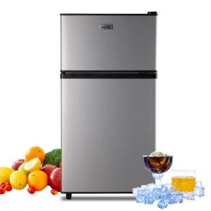 wanai compact refrigerator 3.5 cu.ft mini fridge with freezer, small refrigerator with 7 temp modes, energy saving, low noise for bedroom, dorm, office, apartment, sliver