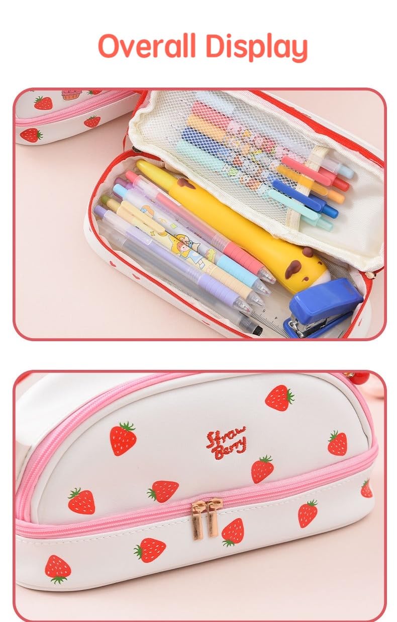 JHTPSLR Large Kawaii Pencil Pouch Cute Preppy Pencil Pouch Bowknot Strawberry Bear Love Hearts Aesthetic Pencil Case PU Waterproof Pen Bags Stationery Storage Organizer Supplies (White Strawberry)