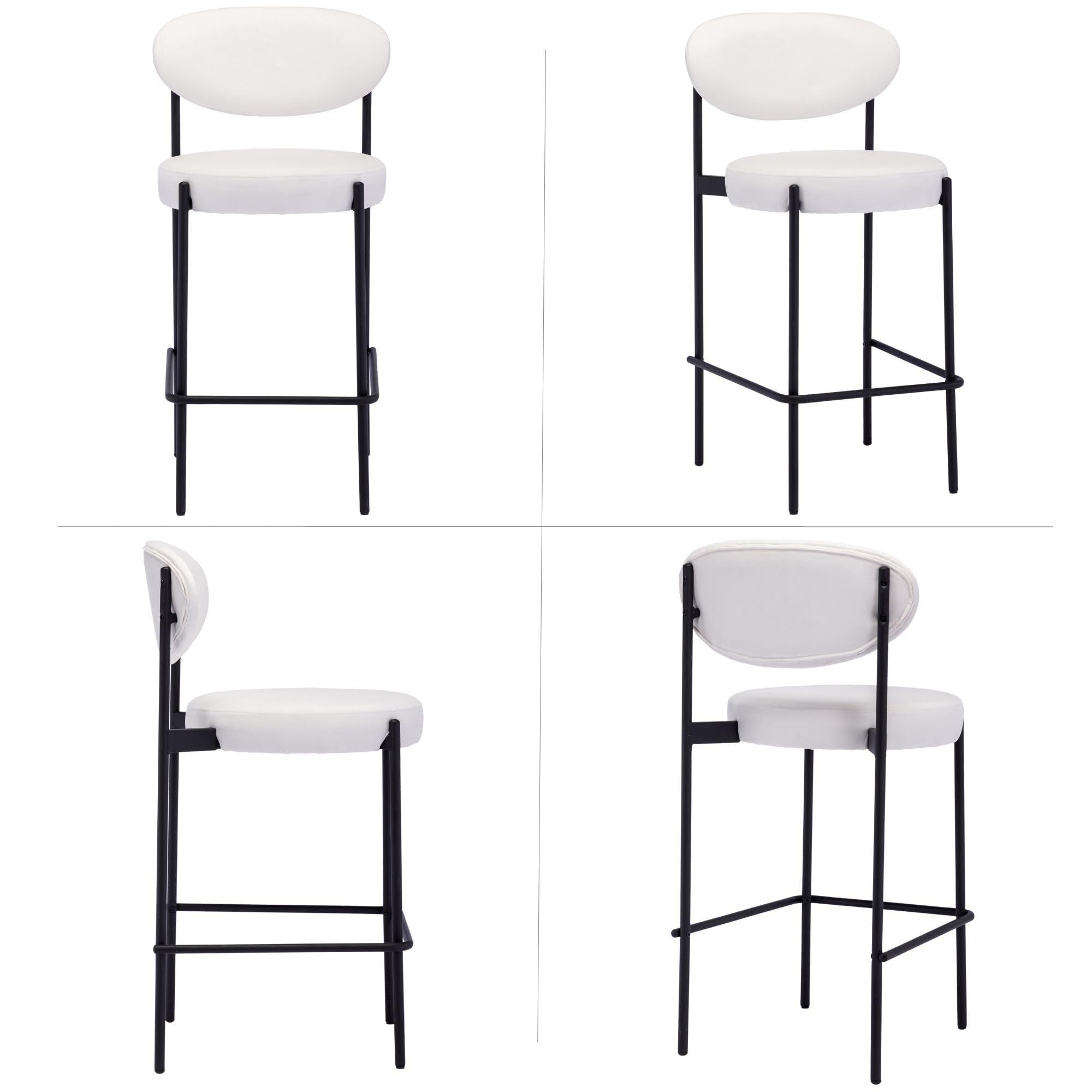 Washon 26 Inch Bar Stools for Kitchen Island Set of 2 Velvet Fabric Counter Stools with Backs Upholstered Counter Height Bar Stools with Black Metal Legs for Dining Room Kitchen Counter Bar, White