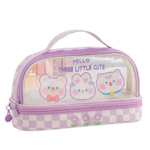 jhtpslr large kawaii pencil pouch with strap double layer pencil pouch clear waterproof cute preppy pencil case pen bags holder storage and organizer (purple friends)