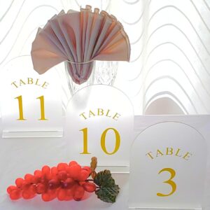 exclusive housewares, frosted arch wedding table numbers with stands 1-20, frosted gold font 5x7 acrylic signs and holders, perfect for wedding reception, anniversary, party, decoration, event