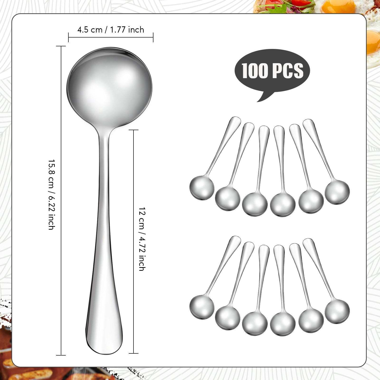 Mifoci 100 Pcs Soup Spoons Set (6.3 Inch) Stainless Steel Round Spoons Bulk Metal Dinner Spoons Mirror Polished Tablespoon for Home Kitchen Restaurant School, Dishwasher Safe