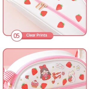 JHTPSLR Large Kawaii Pencil Pouch Cute Preppy Pencil Pouch Bowknot Strawberry Bear Love Hearts Aesthetic Pencil Case PU Waterproof Pen Bags Stationery Storage Organizer Supplies (White Strawberry)