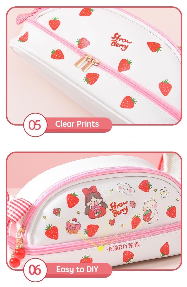 JHTPSLR Large Kawaii Pencil Pouch Cute Preppy Pencil Pouch Bowknot Strawberry Bear Love Hearts Aesthetic Pencil Case PU Waterproof Pen Bags Stationery Storage Organizer Supplies (White Strawberry)