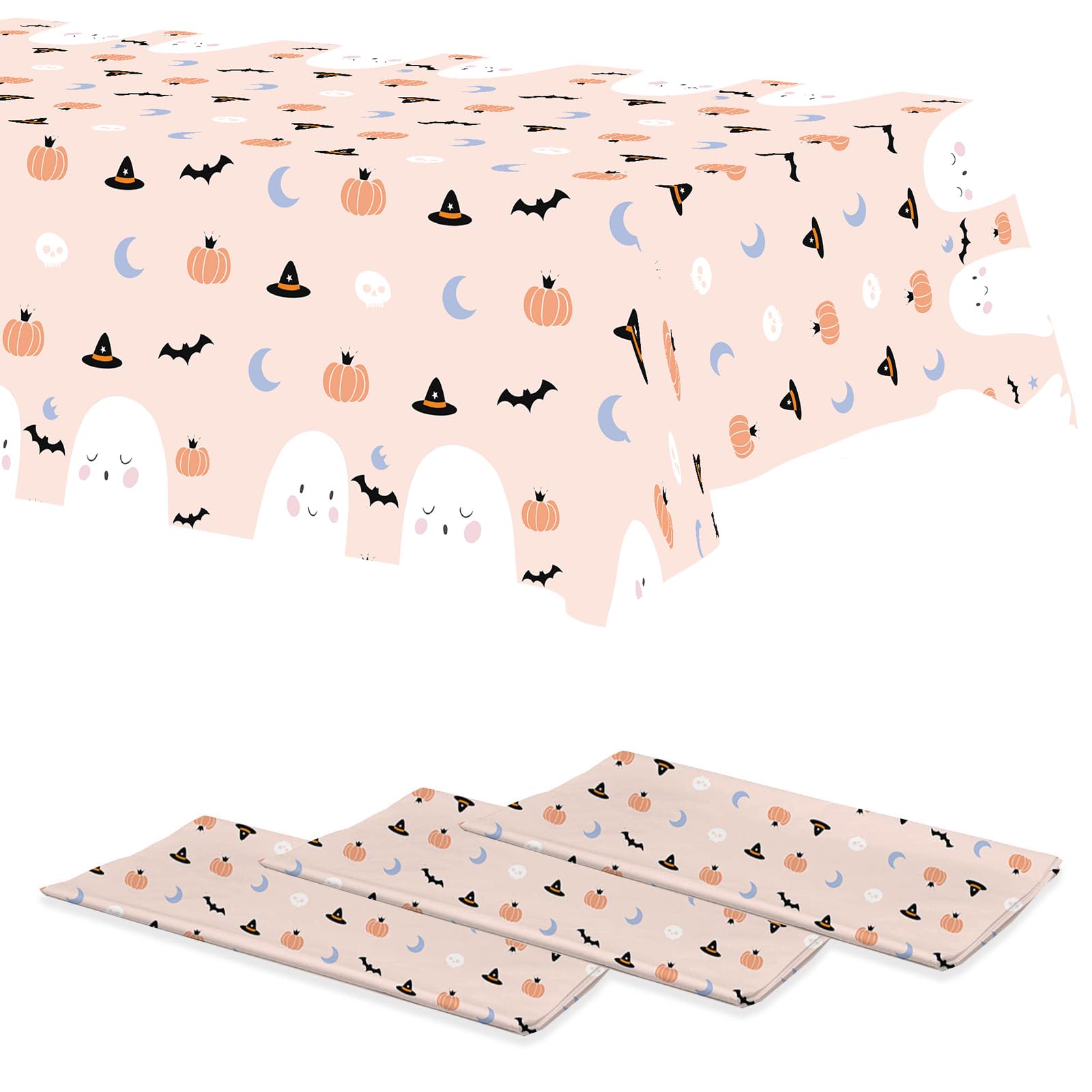 Mocsicka 3Pcs Boo Halloween Tablecloth Halloween Pink Ghost Party Decorations Halloween Birthday Plastic Table Cover for Girl Boo Baby Shower Birthday Rectangular Disposable Party Supplies 108x54 Inch