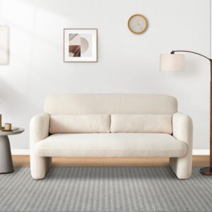 bamooli loveseat sofa, mid century modern sofa, lambswool fabric upholstered couch, luxury 2 seater couch with 2 throw pillows, small couches for small spaces, living room, tool-free assembly, beige