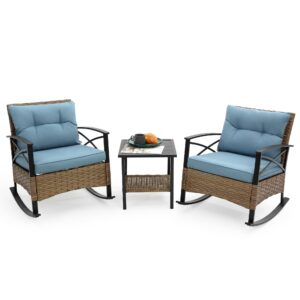 homefun outdoor rocking chairs set of 2, 3 piece patio furniture set with thick cushion, bistro table and chairs for porch backyard outside, blue