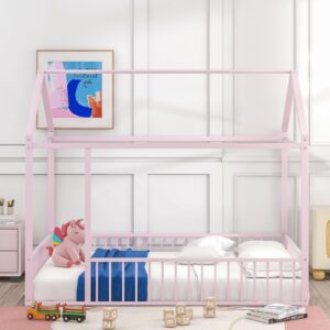 harper & bright designs full house bed with rails, metal full floor bed for kids, full size montessori bed frame with roof, kids full playhouse beds for boys girls(pink)