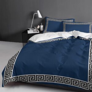 LooPoP Comforter Sets Queen Size Geometric Greek Key Design Soft Bedding Duvet Cover Sets 3 Pieces Navy Blue Bedding Set with Comforter Quilt Cover and 2 Pillow Cases Bedroom Decor