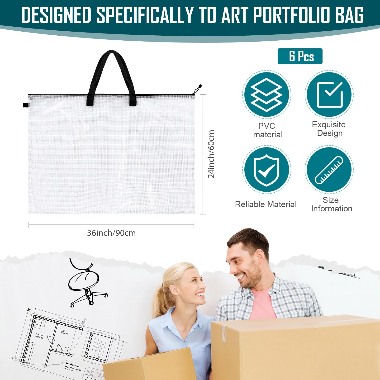 Windyun 6 Pcs Art Portfolio Bag Bulk 24 x 36 Inch Large Posters Storage Bag Black Portfolios Bags with Zipper and Handle Art Organizer for Pictures Portfolio Folder for Artwork