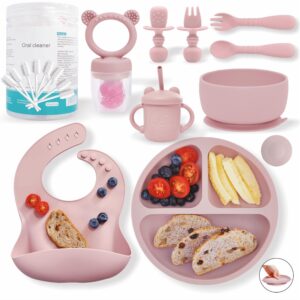 remonda baby led weaning supplies | silicone baby feeding set includes suction bowls and plates, baby utensils spoons and forks,cup for toddler | babies eating dishes set 6-12 months（pink）