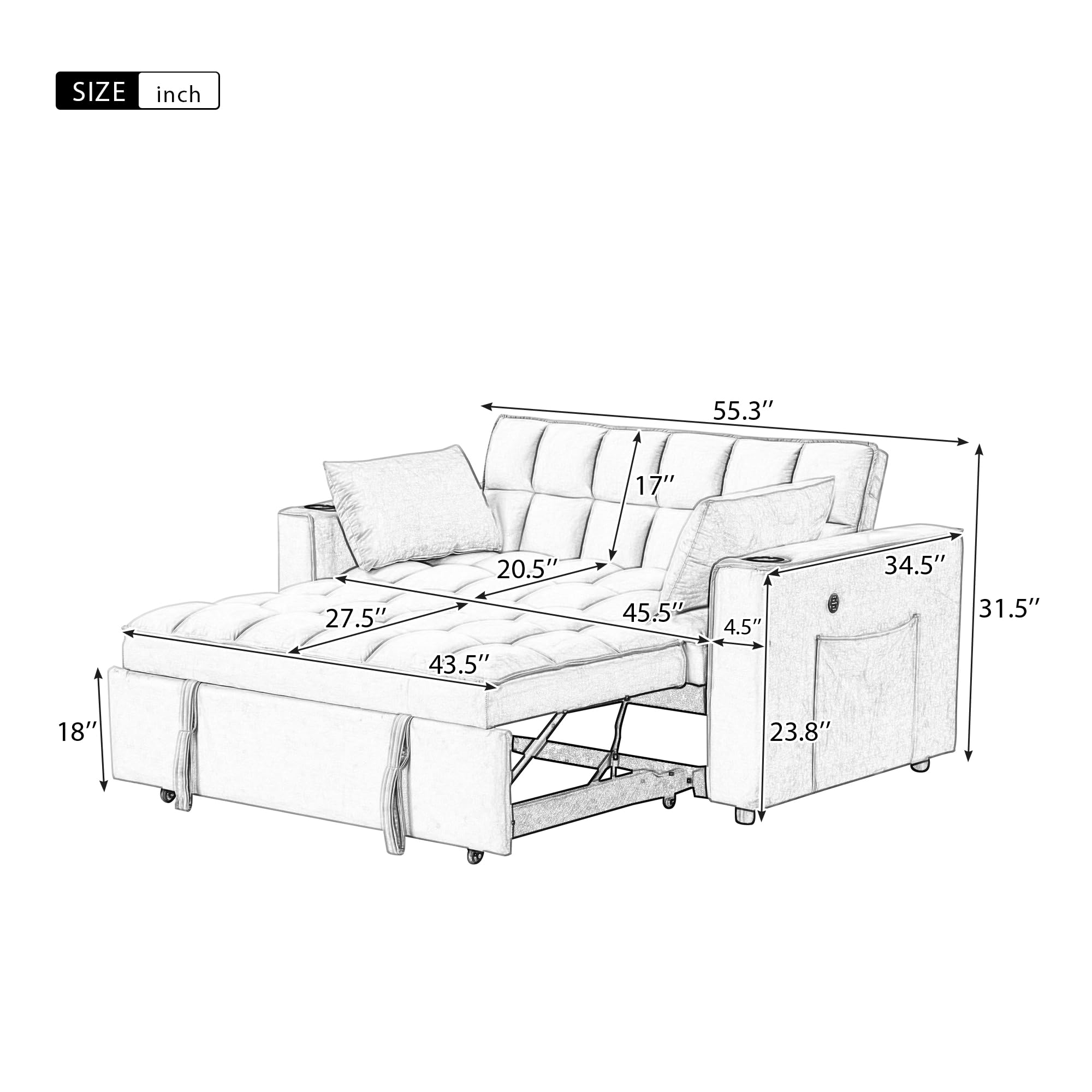 Merax 55.3" Loveseat with Pull Out Bed, Convertible Velvet Sleeper Sofa Bed with Cup Holder & USB Port, 2 Pillows, and Adjustable Backrest for Living Room or Apartments, Black