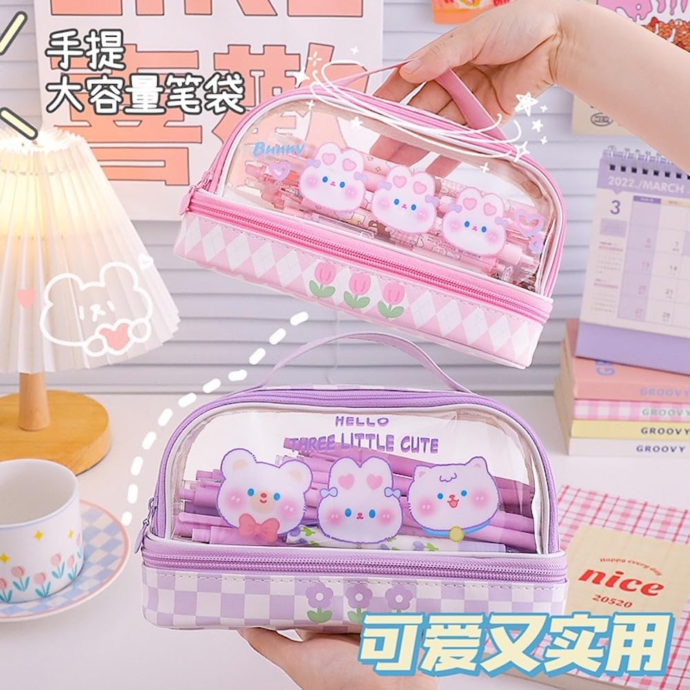 JHTPSLR Large Kawaii Pencil Pouch with Strap Double Layer Pencil Pouch Clear Waterproof Cute Preppy Pencil Case Pen Bags Holder Storage and Organizer (Purple Friends)