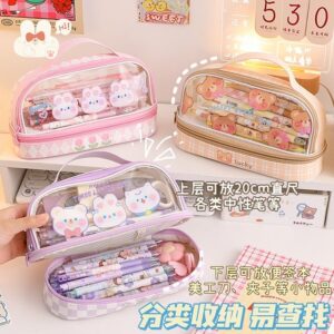 JHTPSLR Large Kawaii Pencil Pouch with Strap Double Layer Pencil Pouch Clear Waterproof Cute Preppy Pencil Case Pen Bags Holder Storage and Organizer (Purple Friends)