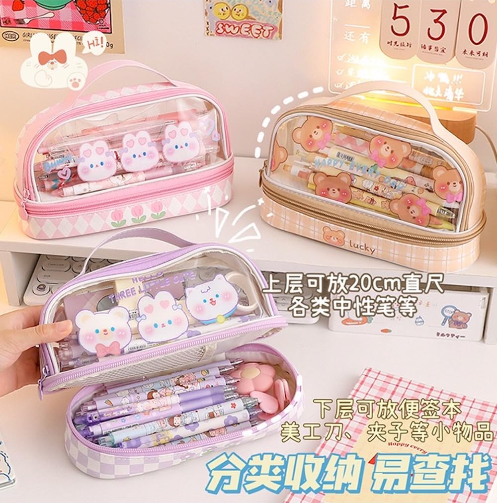 JHTPSLR Large Kawaii Pencil Pouch with Strap Double Layer Pencil Pouch Clear Waterproof Cute Preppy Pencil Case Pen Bags Holder Storage and Organizer (Purple Friends)