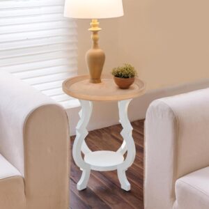 COVLON Farmhouse End Table, Wooden Round Side Table, 2 Tiers Accent Table for Family, Living Room or Small Spaces, Concave Legs, White and Brown